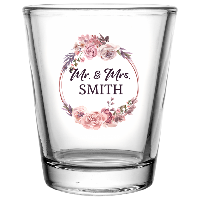 Personalized Classic Wedding Floral Wreath Clear Shot Glasses - Imprint.Com